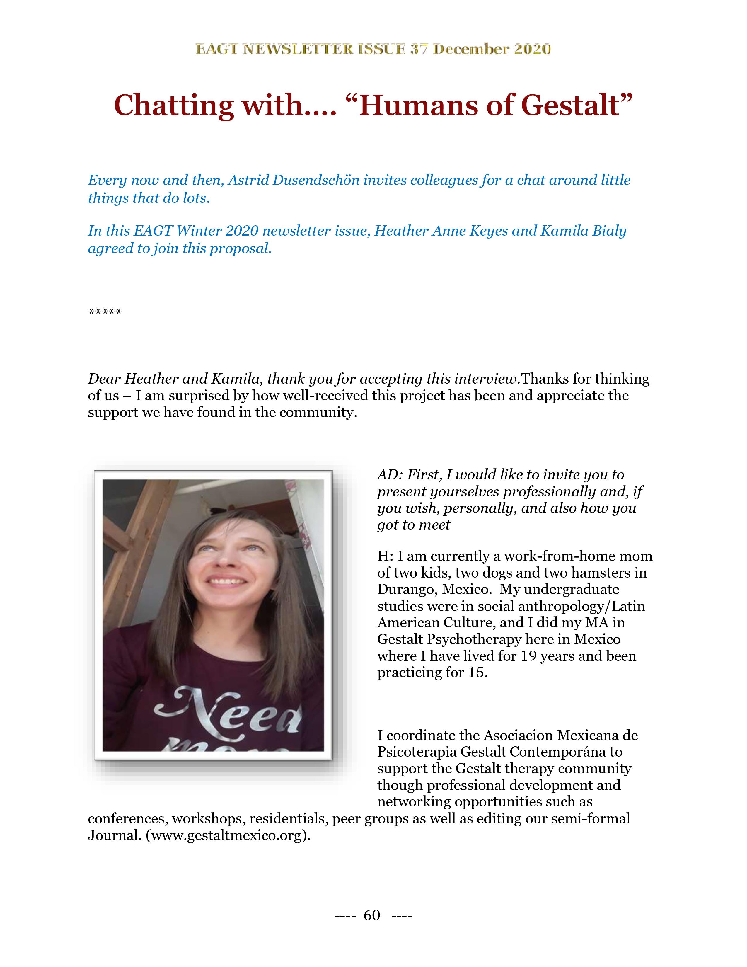 Humans of Gestalt » in EAGT Winter 2020’s newsletter Astrid Dusendschön